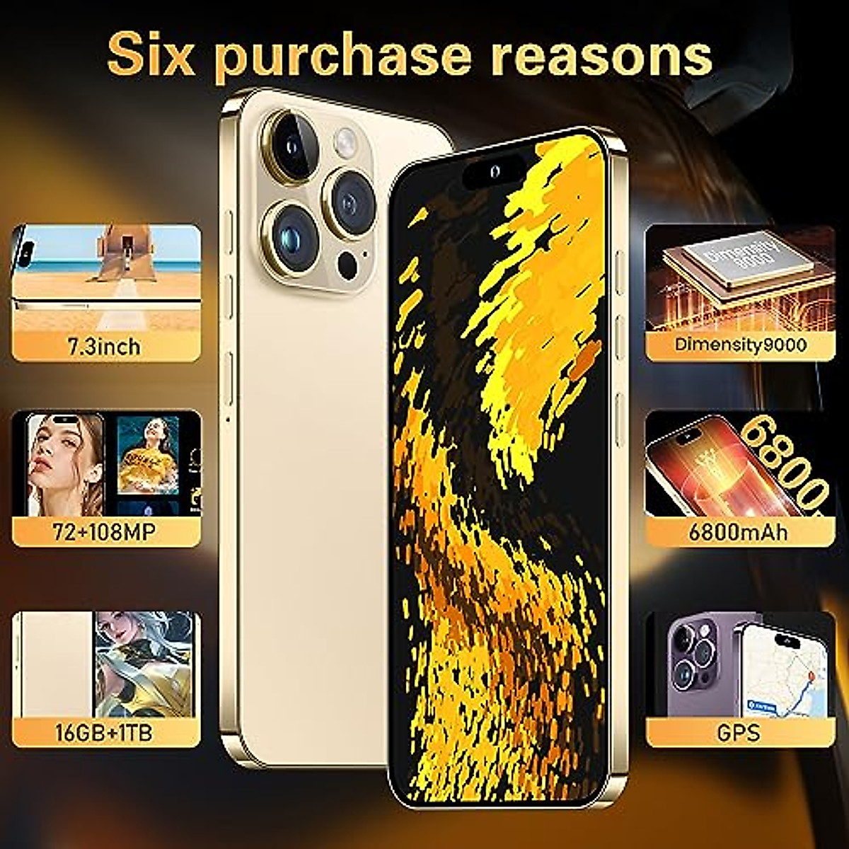 RAYPUR i14 Pro Max Smartphone, 2023 New 7.3Inch HD Screen Face ID, 16GB 1TB Cell Phone, Global Version 4G/5G, 7800mAh Battery Mobile Phones,Black-1TB