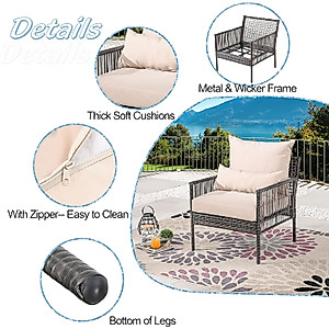 LOKATSE HOME 2 Piece Patio Dining Club Chairs Wicker Rattan Furniture Thick Cushion Seat, Beige