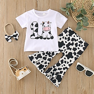 Cute Toddler Girls Short Sleeve Top&Trousers Cartoon Cow Printed Suit for Baby Kids (White, 18-24 Months)