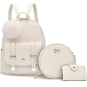 I IHAYNER Mini Leather Backpack Purse for Teen Girls 3-Pieces Fashion Backpack Cute Travel Daypacks Women Pompom Backpack Shoulder Bag Off-White