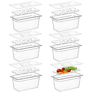 Sunnyray 6 Set 1/3 Size Polycarbonate Food Pans with Lids and Drain Shelf Clear Square Food Storage Containers for Kitchen Restaurant Fruit Vegetable Food Container and Storage (6 Inch Deep)