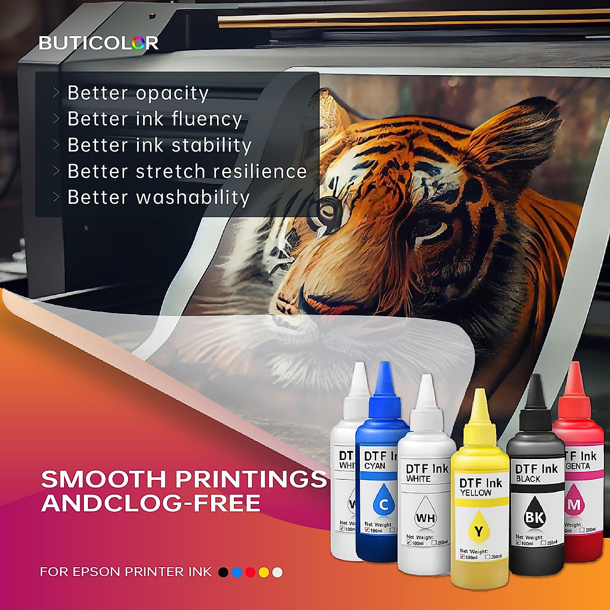 DTF Ink 6000ML,Heat Transfer Printing Ink Transfer Ink for PET Film,Refill for DTF Printers-Epson ET-8550,L1800,XP15000, L800,R3000,R1900,R2400,R350,P400,P800(6*1000ml,2W/BK/C/M/Y)