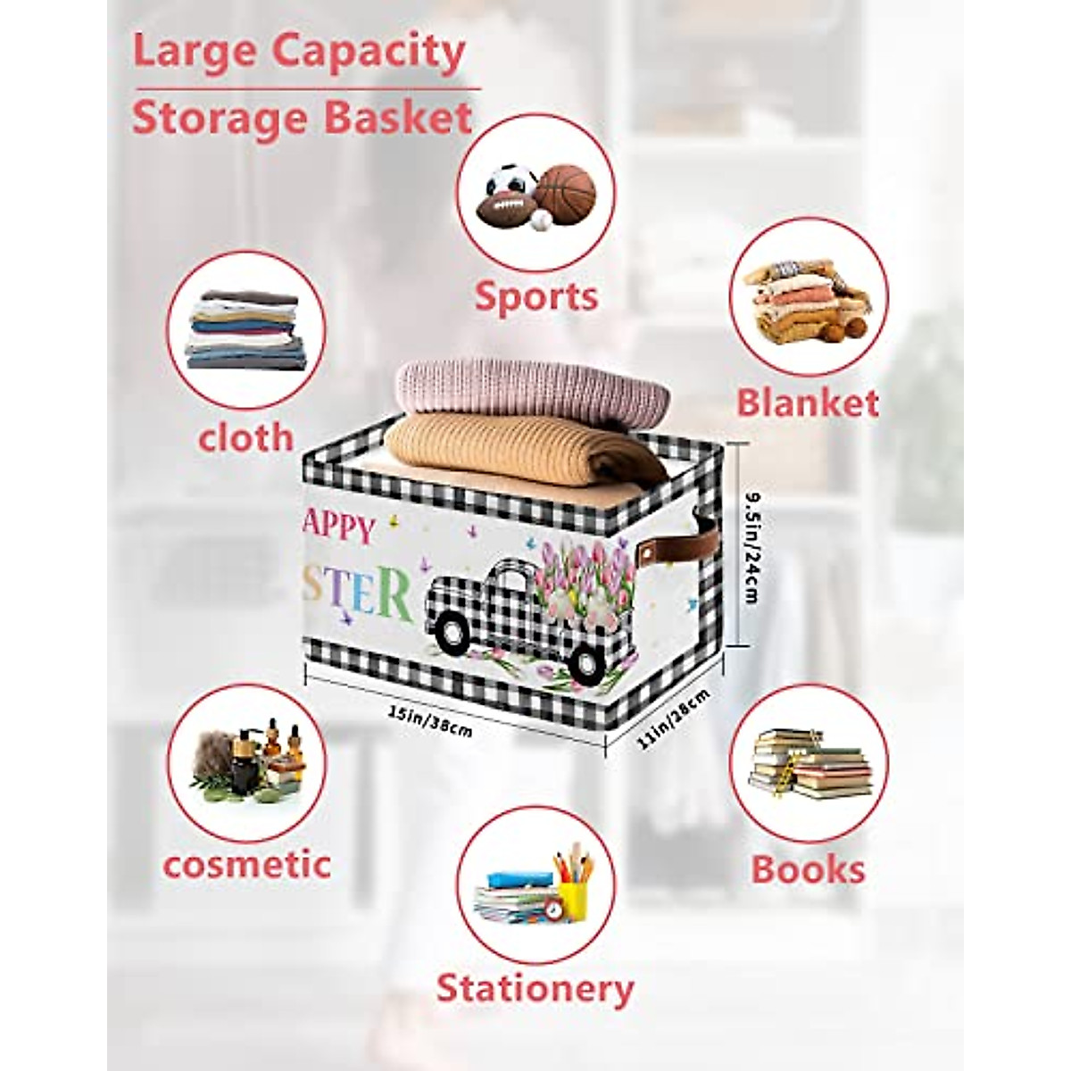 Storage Bins,Spring Truck Bunny Tail Pink Tulip Flower Black White Check Easter Storage Basket with Handles,Waterproof Collapsible Storage Bin,Rabbit Flower Butterfly Storage Organizer Shelves Closet