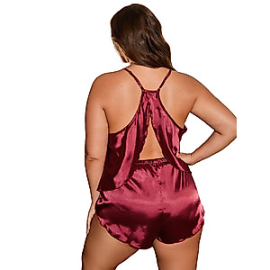 Floerns Women's Plus Size Satin Pajama Set Cami Top with Shorts Sleepwear Burgundy 1XL