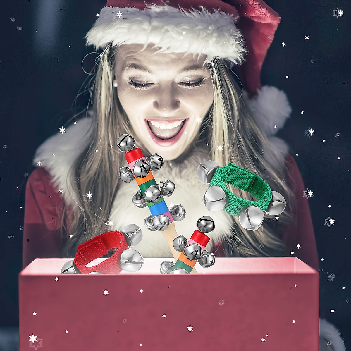 MILISTEN 3 Sets of Christmas Hand Jingle Bells and Band Wrist Bells, Hand Bells Ankle Bells, Wooden Handle Rainbow Bells Shaker Rattles, Hand Percussion for Christmas