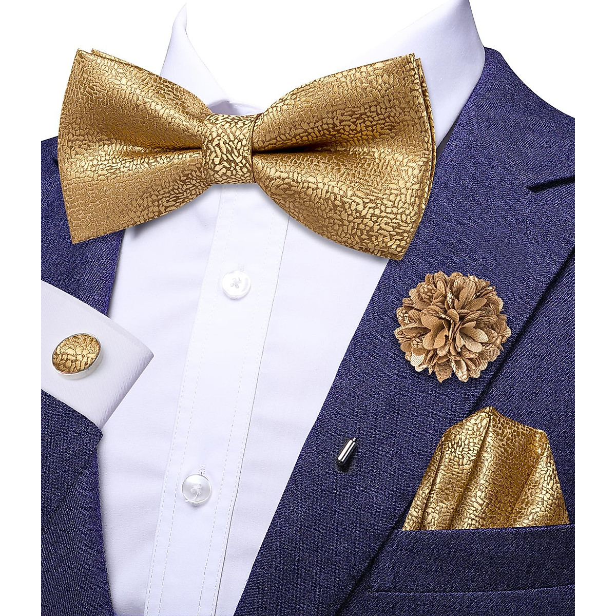Dubulle Gold Bow Tie Lapel Pin Set for Men Mens Solid Gold Pretied Bowties Handkerchief Cufflinks