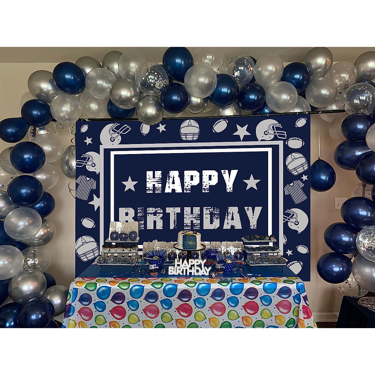 Football Backdrop for Birthday Party 7X5FT Navy Blue Cowboy Photography Background Football Themed Sports Fans Party Decor Supplies Banner Photo Props