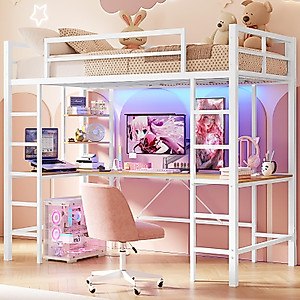 Hasuit Twin Metal Loft Bed with U-Shaped Desk, Charging Station &LED Lights, Twin LED Loft Bed with Open Storage Shelves, Safety Guardrail & Double Ladder,No Box Spring Needed, White Loft Bed