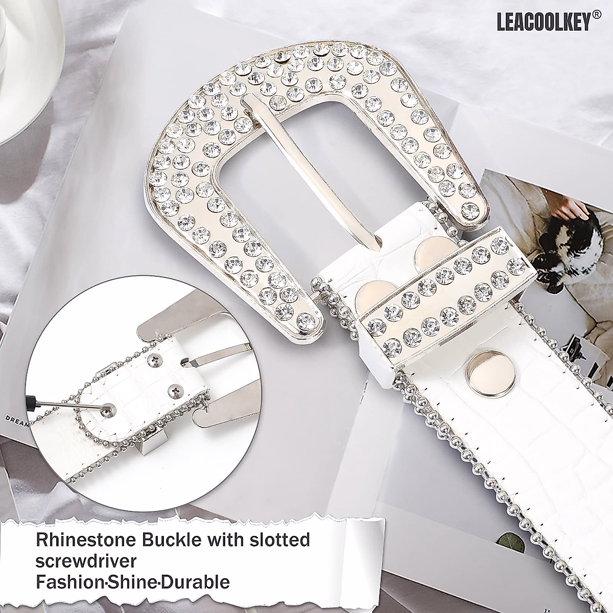 LEACOOLKEY Fashion Rhinestone Belt for Women for Jeans, Western Cowgirl Studded Leather Belt, Ladies Bling Rhinestone Belt
