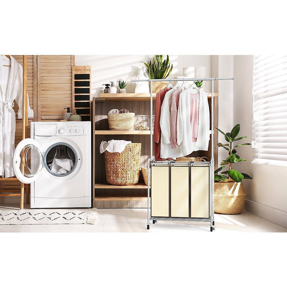 DecoBrothers Heavy Duty 3 Bag Extendable Laundry Sorter Cart with Hanging Bar, Beige