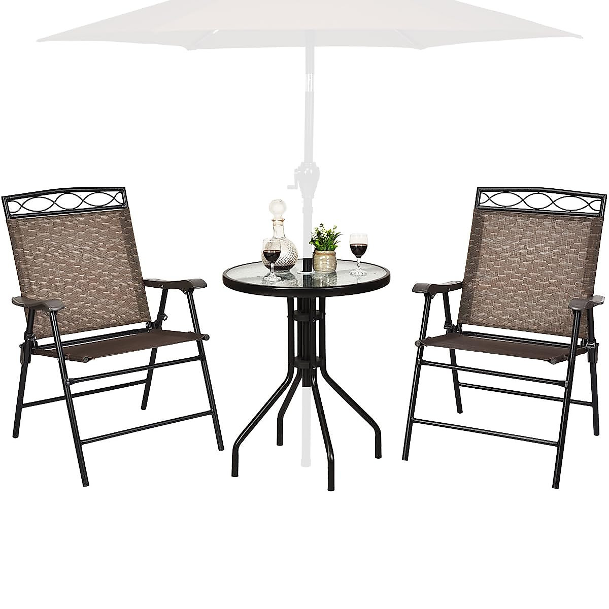 HAPPYGRILL 3 Pieces Patio Dining Set with Round Glass Table, Folding Chairs, Outdoor Chairs Table Set with Umbrella Hole for Garden Poolside Backyard