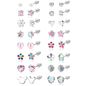Jstyle 16 Pairs Screw Back Earrings Stud for Women Girls Surgiacl Steel 20G Tiny Cartilage CZ Heart Flower Star Ball Screwback Flat Back Stud Earrings Set Multicolored