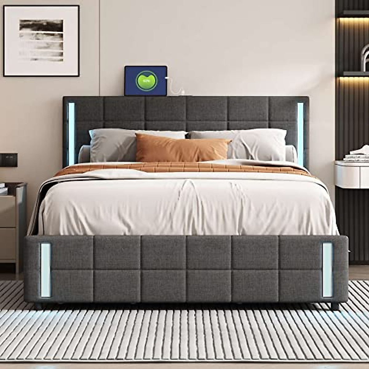 Harper & Bright Designs Queen Size Upholstered Platform Bed with LED Lights and USB Charger, Queen Storage Bed, Linen Platform Bed Frame with 4 Drawers, for Kids Teens Adults (Dark Gray)