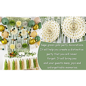 Sage Green Gold Party Decorations, 45Pcs Kit Balloons Paper Pompoms Tassel Garland Fringe Curtain for Wedding Bachelorette Baby Shower Birthday Party