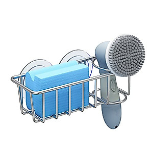TESOT Sink Caddy Sponge Holder Brush Holder 2 in 1 with Upgraded Suction Cups or Using Adhesive Hooks, SUS304 Stainless Steel, Silver