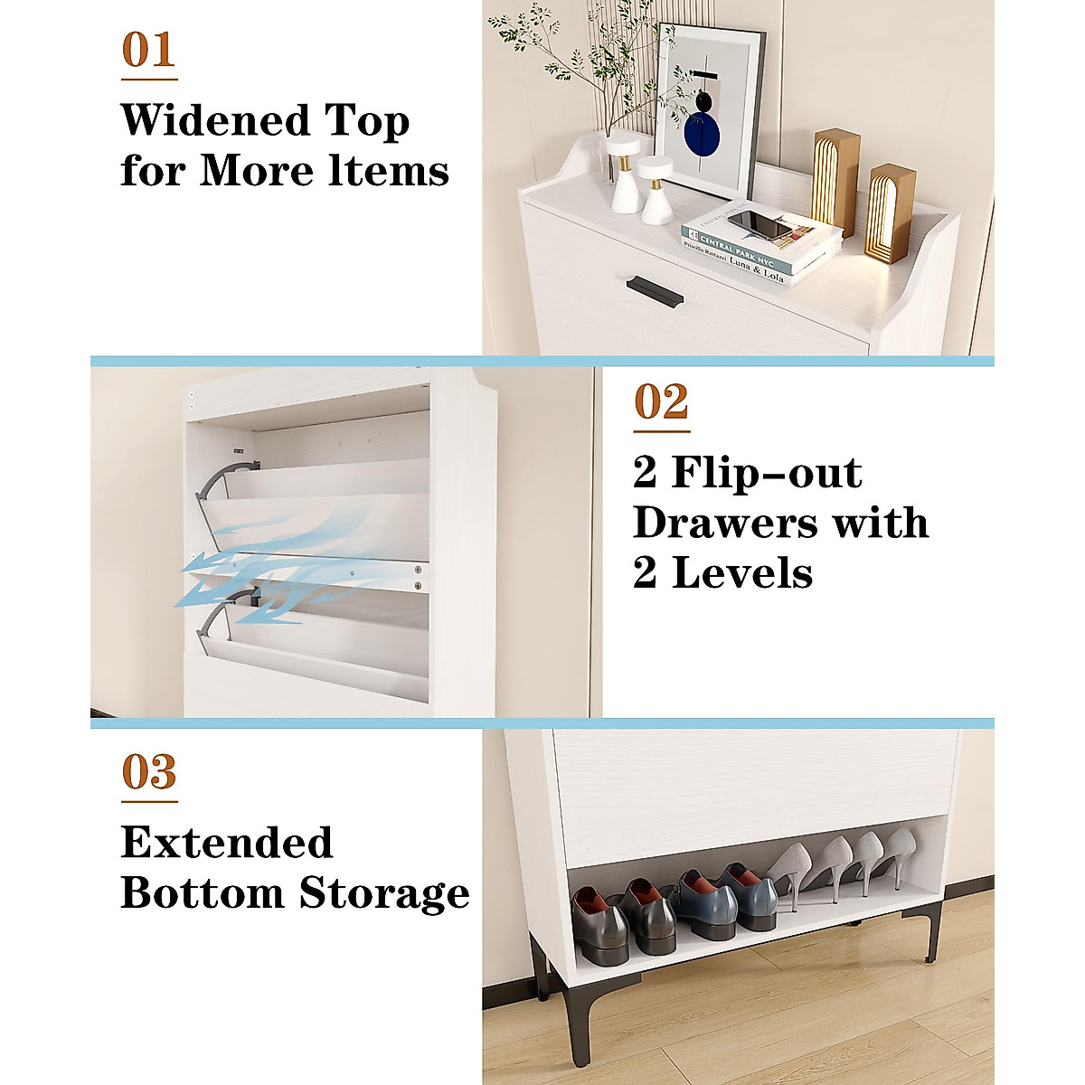 Gadroad Shoe Cabinet, Modern Slim Shoe Organizer, Tipping Shoe Cabinet with 2 Flip Drawers, Narrow Shoe Rack for Living Room Entryway, White