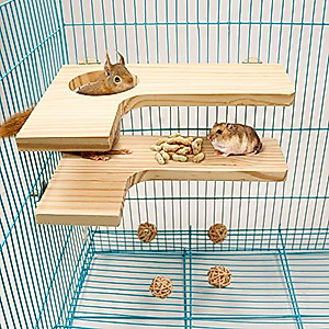 2 Pieces Hamster Wooden Platform Set, L-Shaped Pedal Wooden Platform & L-Shaped Round Hole Wooden Platform with 8 Piece Sepak Takraw Chew Toys, Gerbil Chinchilla Guinea Pigs Parrot Stand Perch (H01)