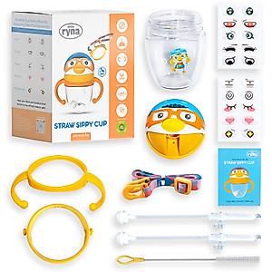Little Ryna Baby Weighted Straw Cup First Sippy Cup With Handle & Lanyard Learner Transition Spill Proof Water Bottle For Toddler 6 Month 12 Months Old & Older Flexi Straws Train Kids Cups 8Oz