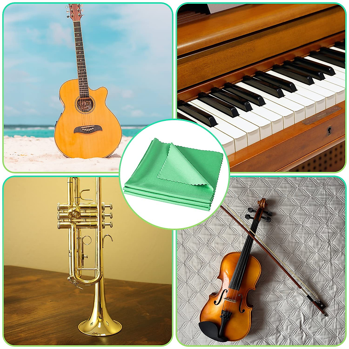 3pcs 12x12inch Instruments Cleaning Cloths, Universal Soft Microfiber Clean Cloths String Instrument Polishing Cloth for Guitar Violin Piano Brass Trumpet Sax Flute (Green)