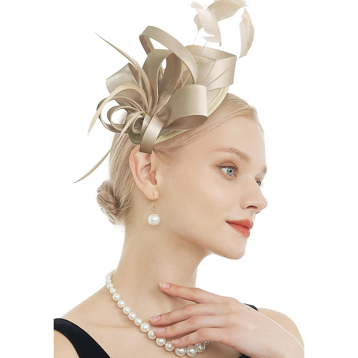 Fascinator Hats For Women Feather Cocktail Party Hats Bridal Kentucky Derby Headband (Light Khaki)