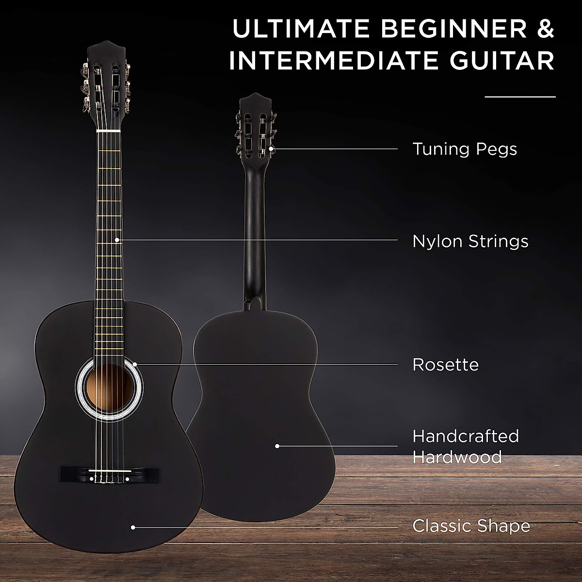 Best Choice Products 38in Beginner All Wood Acoustic Guitar Starter Kit w/Gig Bag, 6 Celluloid Picks, Nylon Strings, Capo, Cloth, Strap w/Pick Holder - Matte Black