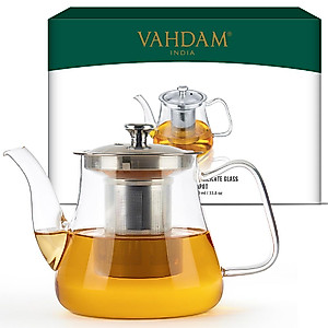 VAHDAM, 33 oz - Glass Teapot with Removable Infuser & Lid | Stovetop Safe Tea Kettle | Blooming & Loose Leaf Tea Infuser | Scratch Resistant, Microwave Safe Tea Steeper