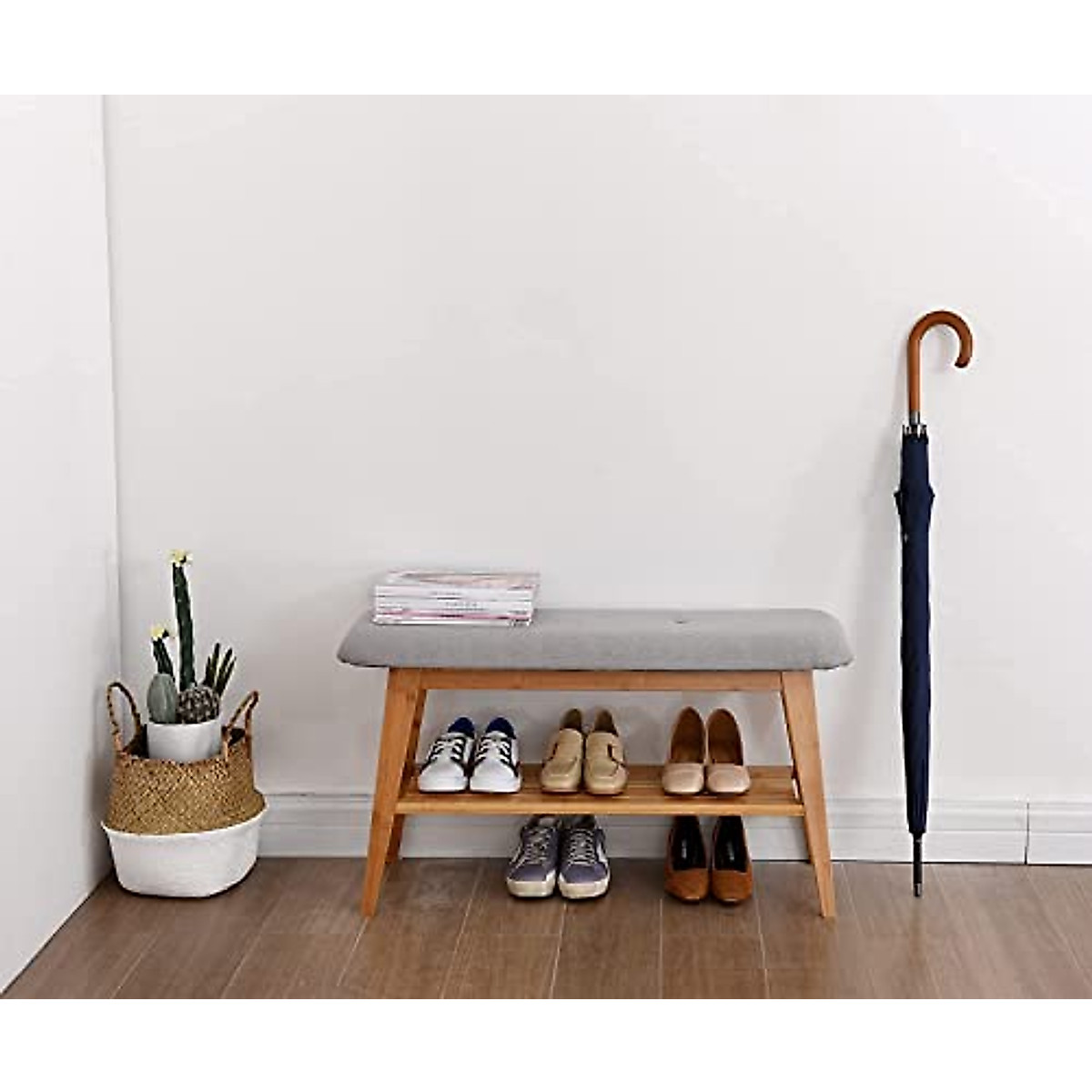 SOBIBO Shoe Entryway Bench, Bamboo Shoe Rack Bench, Organizer with 2 Tier Storage Simple Style Good Load Bearing, Ideal for Entryway Hallway Living Room,(Nature,35.4'')