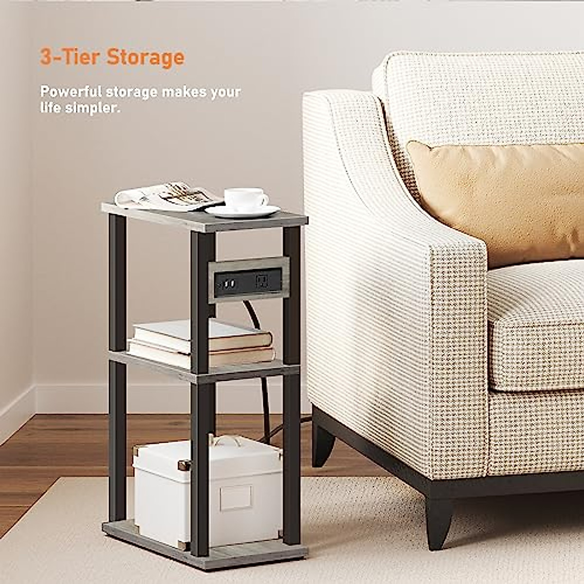 TUTOTAK Small Narrow Side Table with Charging Station, Set of 2 Skinny End Table for Small Spaces, Slim Nightstand with USB Ports and Outlet,Sofa Beside Table with Wheels, Greige TB01BG047