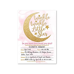 Hadley Designs 25 Twinkle Twinkle Girl Sprinkle Baby Shower Invitations For Girl, Coed Little Stars Gender Reveal Theme, Cute Moon Clouds DIY Fill In Blank Printable Card, Pink Gold Party Supplies
