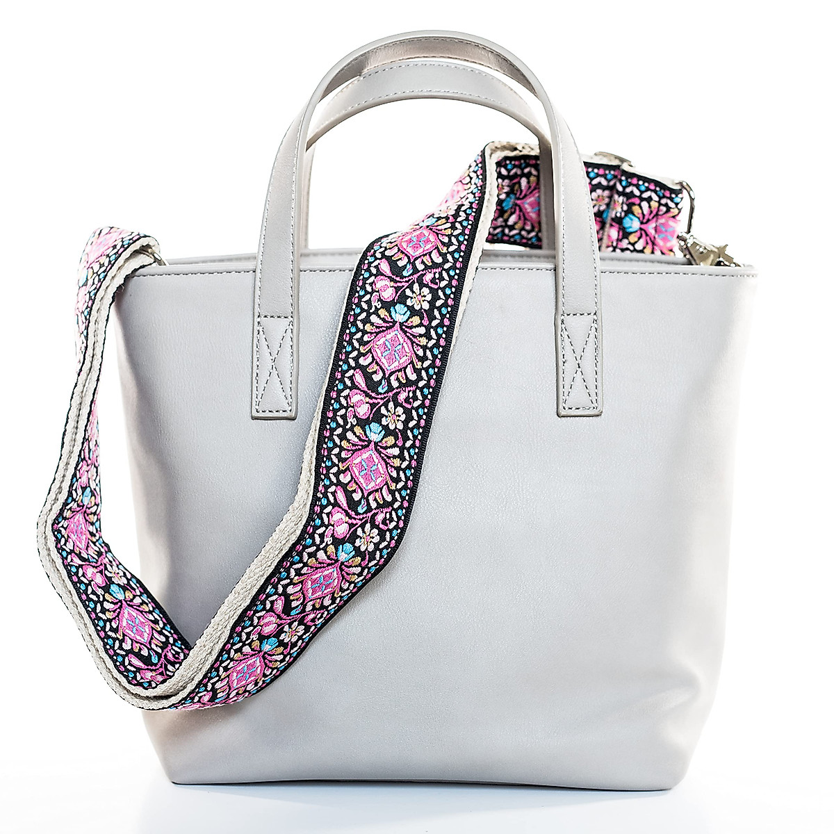 Pink Cotton Handbag Strap & Purse Strap Replacement - Jacquard Woven Embroidered Guitar Strap Styled Shoulder & Crossbody Strap - Adjustable Bag Strap For Tote And Messenger Bags – Silver Hardware