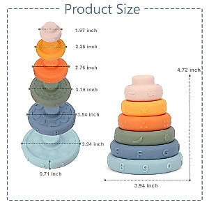 TuiVeSafu 6PCS Baby Stacking Nesting Rings Toy,Soft Building Circle Squeeze Teether,Toddlers Sensory Early Educational Toy with Number,Shape,Fruits,Letters Learning Toy for 6+ Months Boys or Girls