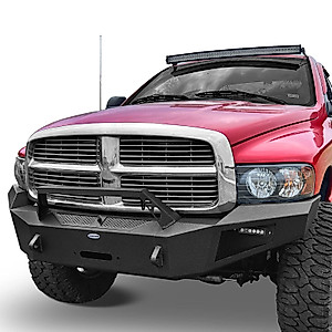 Hooke Road 03-05 Ram Full Width Front Bumper w/Winch Plate & LED Spotlights for 2003 2004 2005 Dodge Ram 2500 3500 Truck (Excluding Diesel Models), Solid Steel Offroad Bumper