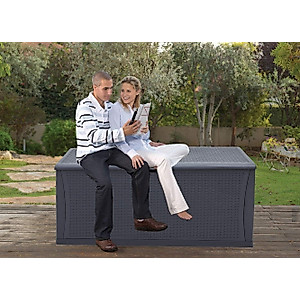 Brightpeak 120 Gallon Outdoor Storage Deck Box Gray Wicker Pattern Container Cabinet Storage for Patio Furniture Cushions, Pillows, Garden Tools, Grey