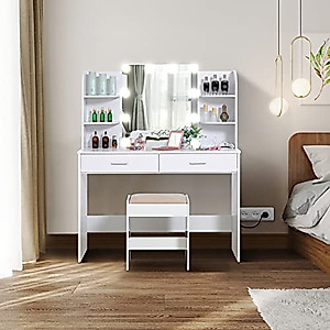 usikey Large Vanity Set with Lighted Mirror & Charging Station, Makeup Vanity Tables with 2 Drawers, 6 Shelves, 10 Embedded Light Bulbs, Vanity Desk with Cushioned Stool for Bedroom, White