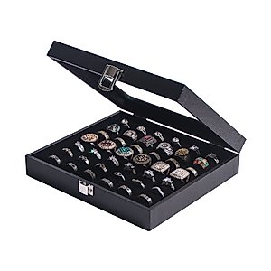 Pangkeep 42 Slots Ring Organizer Display Case,Black Jewelry Storage Tray Boxes for Multiple Rings,Glass Lid,Stackable.