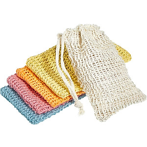 BBTO 5 Pieces Soap Saver Bag Natural Sisal Exfoliating Soap Pouch for Foaming and Drying, Shower, Scrubber(9 x 14 cm,White, Pink, Blue, Yellow, Orange)