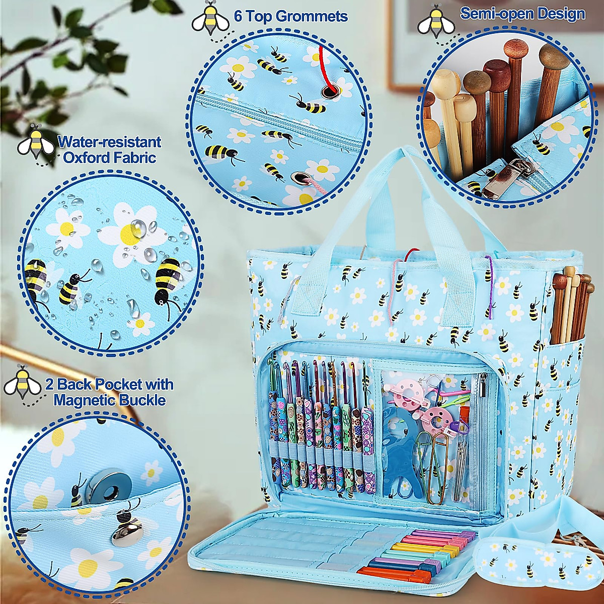 Coopay Crochet Tote Bag Large Capacity Knitting Bag, Portable Yarn Storage Bag for All Knitting Crochet Supplies, Knitting Organizer Bag for Beginners Adults Youth/Knitting Crochet Lovers