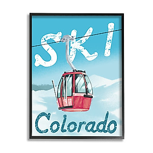 Stupell Industries Ski Colorado Winter Mountain Trolly Snowy Hill, Designed by Ziwei LI Black Framed Wall Art, 24 x 30, Blue
