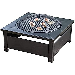 LEAYAN Garden Fire Pit Portable Grill Barbecue Rack Outdoor Fire Pit Metal Square Firepit Patio Stove Wood Burning BBQ Grill Fire Pit Bowl with Spark Screen Cover, Log Grate for Camping Backyard