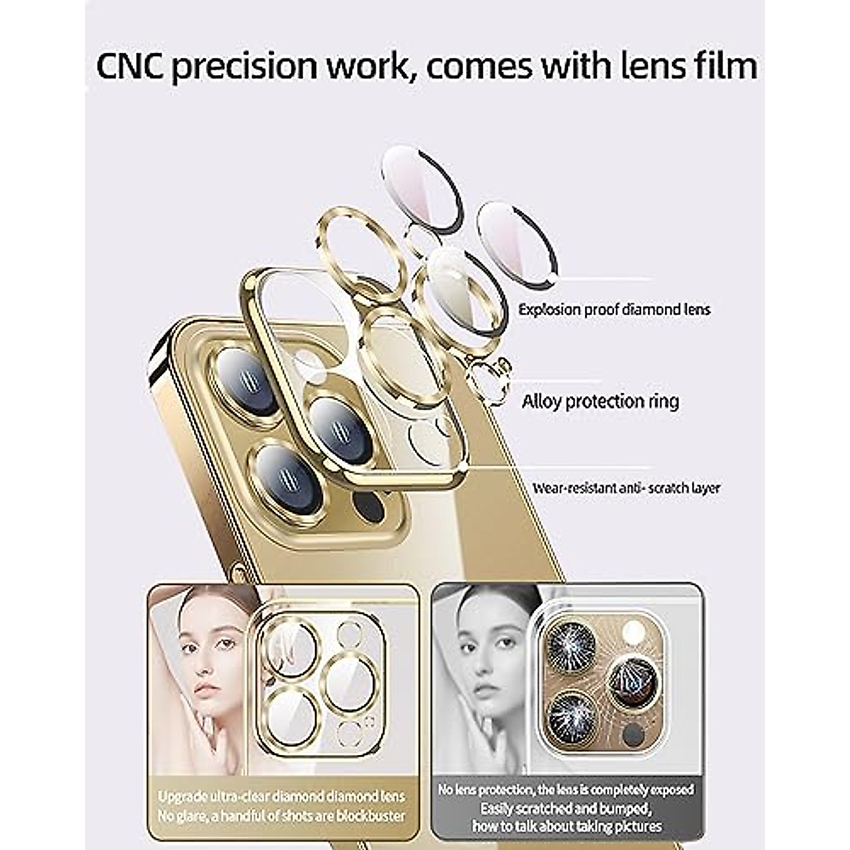 Uxinuo Magnetic Matallic Glossy Clear for iPhone 14 Pro Max Phone Case with Full Camera Cover Protection [N52 Magnets] [Military Grade Drop Protection] for Women Girls Phone Case (6.7") Golden