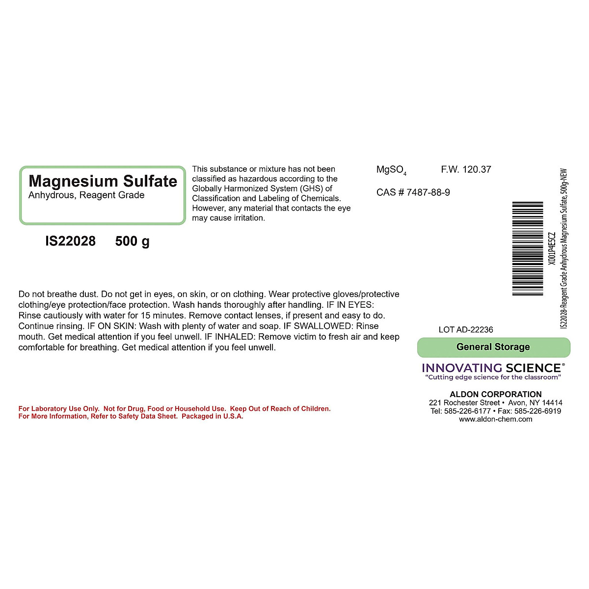 ALDON Innovating Science Reagent Grade Anhydrous Magnesium Sulfate, 500g - The Curated Chemical Collection