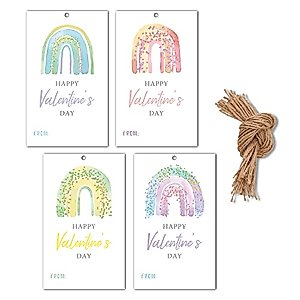Valentine's Day Gift Tags, 40 Pcs Valentine Paper Tags with String, Rainbow Themed Valentine Favor Tag for Kids, School Valentine Treat Tag, Valentine's Day Party Supplies Decorations(A04)