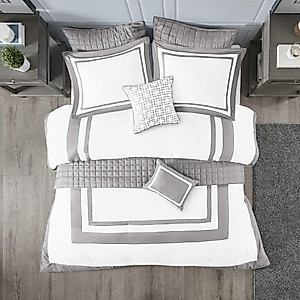 Madison Park Heritage Comforter Quilt Combo Set - Modern Luxury Design, All Season Down Alternative Bedding, Matching Shams, Decorative Pillows, Full/Queen(90"x90"), Color Block Grey 8 Piece
