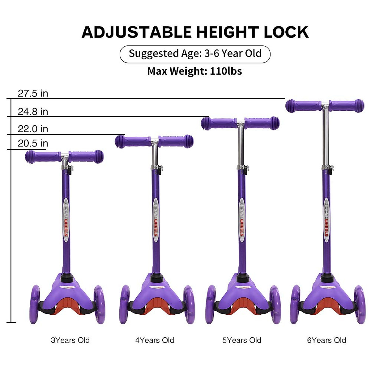 ChromeWheels Scooter for Kids, Deluxe 3 Wheel Scooter for Toddlers 4 Adjustable Height Glider with Kick Scooters, Lean to Steer with LED Flashing Light for Ages 3-6 Girls Boys, Purple