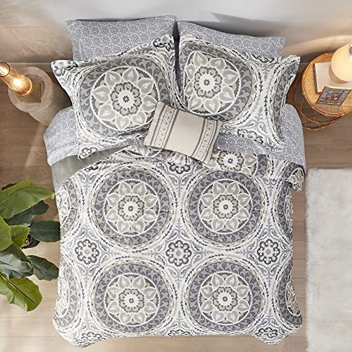 Madison Park Essentials Serenity Bed in a Bag Comforter Set, Medallion Damask Design, All Season Bedding with Cotton Sheet Set, Bedskirt, Queen(90"x90"), Taupe 9 Piece