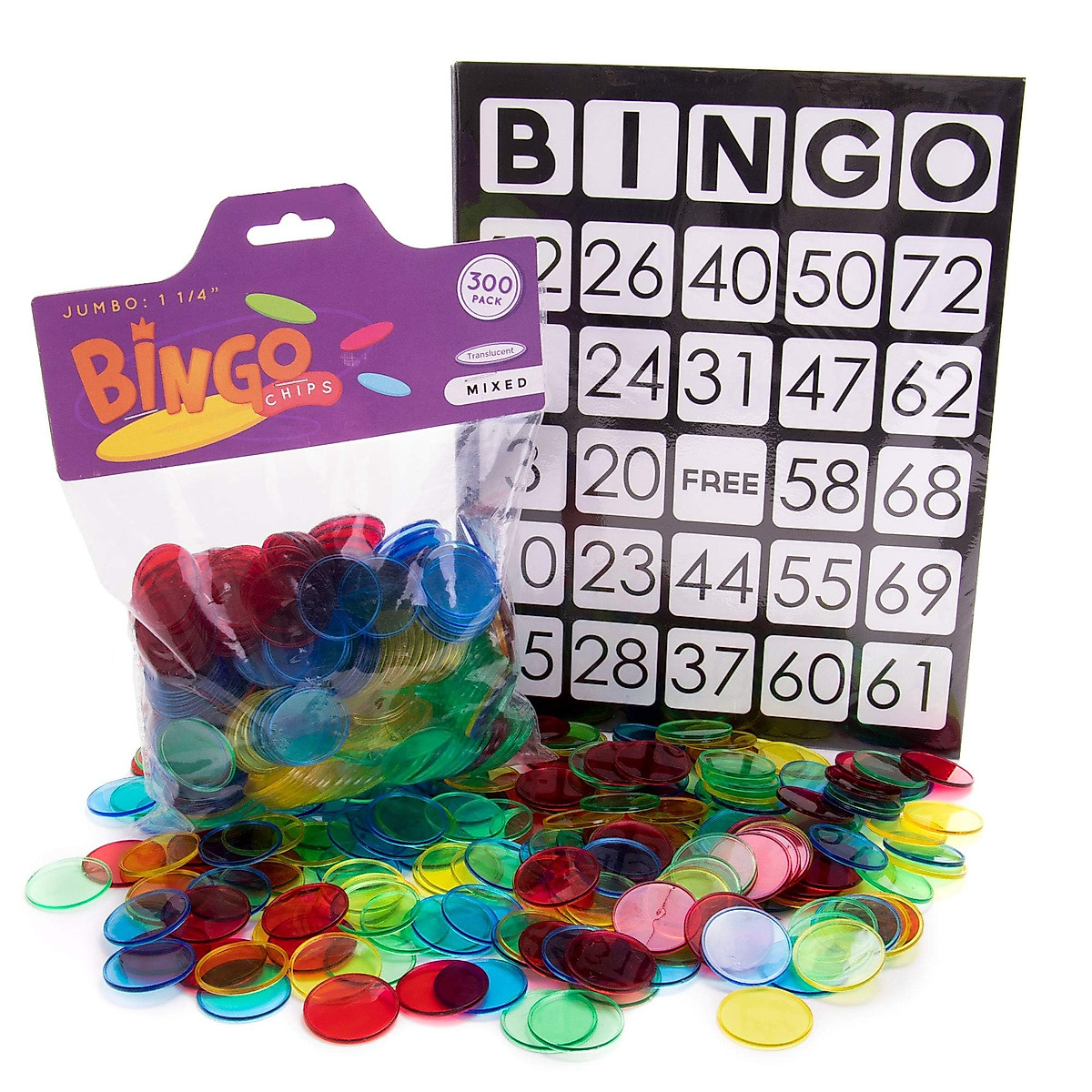 Jumbo Bingo Bundle - 50 Large Print Bingo Cards, 300 1.25" Bingo Chips - Educational STEM Resource - Translucent Colored Counting Markers