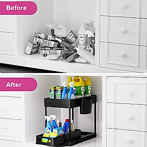 Under Sink Organizers and Storage with 4 Hooks, 2 Hanging Cups & Dividers Under Sink Cabinet Basket Storage 2 Tier Shelf for Bathroom and Kitchen (Black)