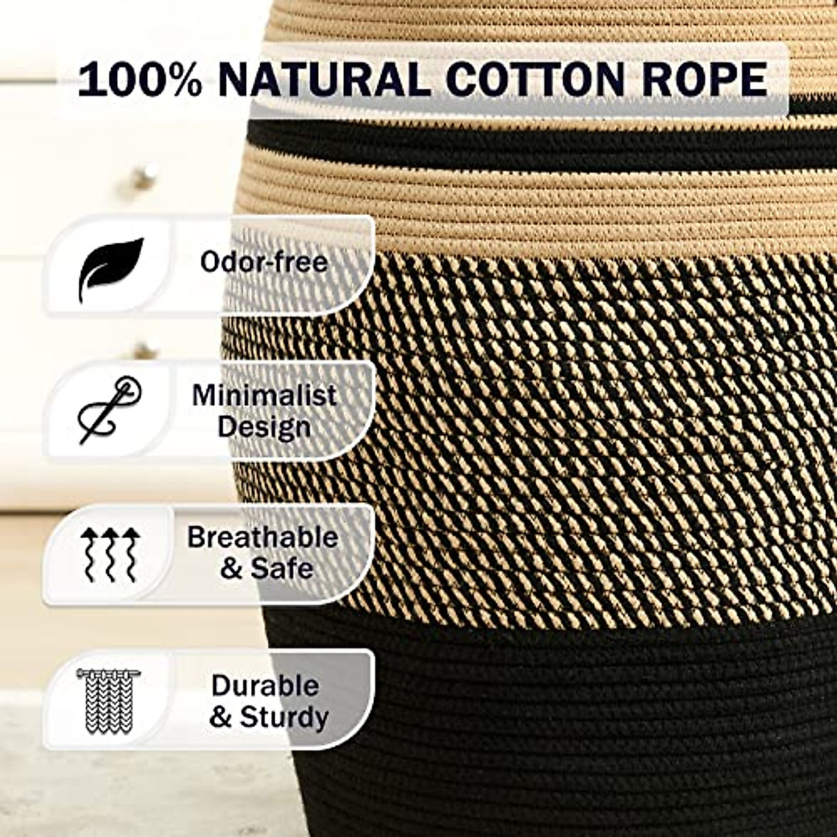 105L Extra Large Laundry Hamper Basket by Fiona's magic, Woven Tall Clothes Hamper for Storage Blanket, Toys and Dirty Cothes in Bedroom and Living Room Organizer, Brown & Black