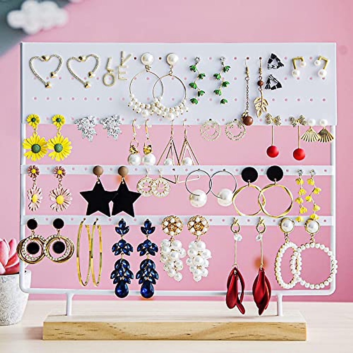 Brightdeco Earring Holder Organizer Earring Display Stand with Wooden Base White