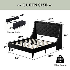Feonase Queen Platform Bed Frame with Type-C & USB Charging Station, Upholstered Wingback & Storage Headboard, Solid Wood Slats, No Box Spring Needed, Easy Assemble, Black